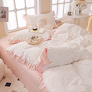 Pink Floral Duvet Cover Twin Chic Flower Print Ruffle Duvet Cover Cotton Lace Comforter Cover Country Style Floral Bedding Set Romantic Ruffle Comforter Cover Flower Duvet Cover with 2 Pillowcases