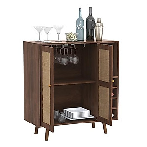 Atlantic Loft & Luv Remy Boho Mid-Century Bar Cabinet with Natural Rattan Panels with Storage, Walnut Finish