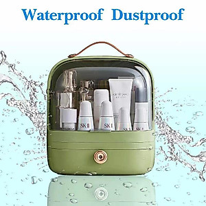 MIUOPUR Large Makeup Organizer with Brush Holder, Cosmetic Display Case with Drawer, Waterproof and Dustproof Transparent Cover, Portable Handle, Suitable for Bathroom and Bedroom -Green