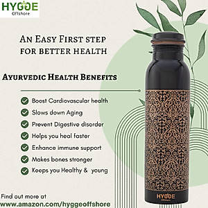 HYGGE Copper Water Bottle - 34 Oz Extra Large - A Antique Engraved Ayurvedic Pure Copper Vessel For Drinking - Drink More Water, Lower Your Sugar Intake And Enjoy The Health Benefits Immediately