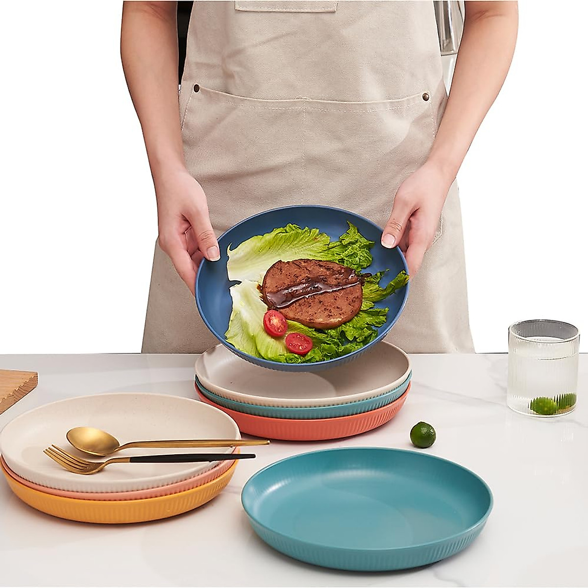 HXYPN 12 PACK 9 Inches Deep Dinner Plates Plastic Plates Reusable Unbreakable Kitchen Plate Sets Dishwasher and Microwave Safe Plates Wheat Straw Plates