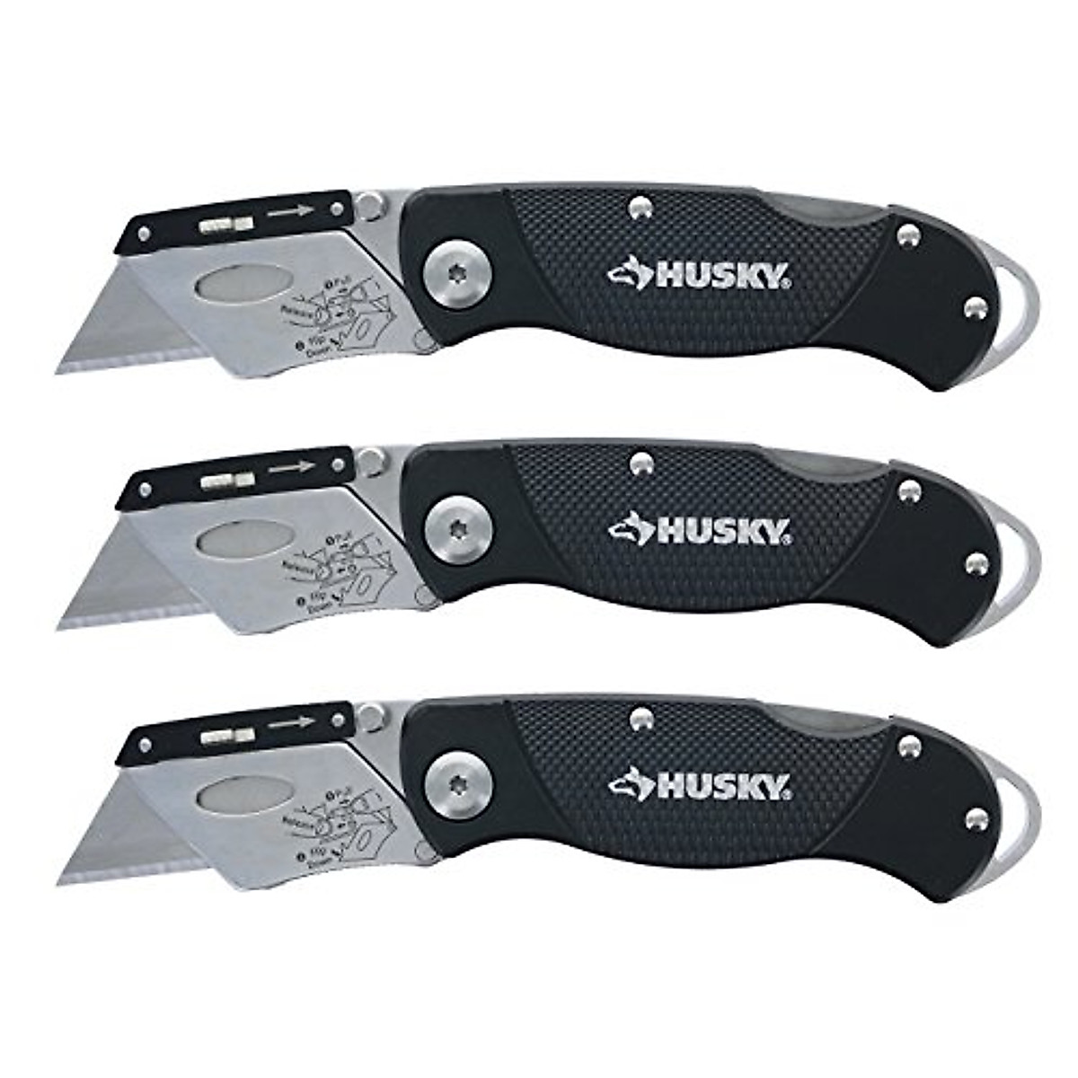 Husky Folding Sure-Grip Lock Back Utility Knives Multi Pack (3 Piece Set: 3 x Husky Knives w/ Blades) (Colors Vary)