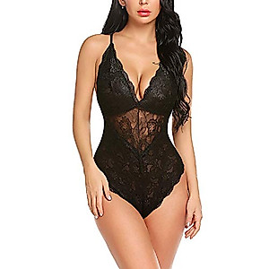 Aniywn Lace Bodysuit One Piece Lingerie for Women Deep V Neck Sexy Lace Bodysuit Babydoll Underwear