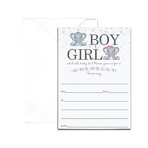 Elephant Gender Reveal Invitations with Envelopes (25 Pack) Invites for Baby Shower Party – Pink and Blue Theme Boy or Girl – Fill-In Details on Blank Card Set 5x7