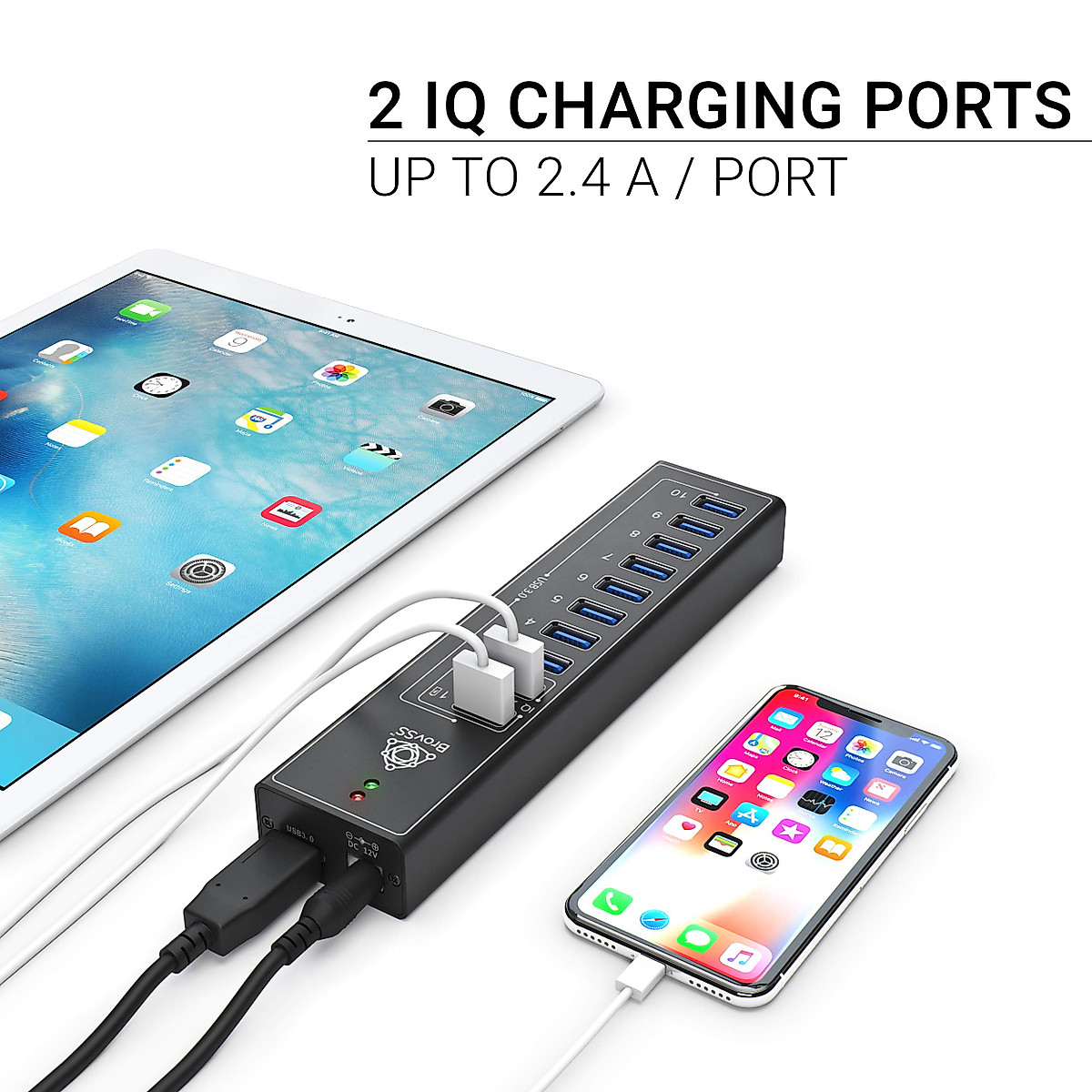 BrovSS: 10 Port Powered USB 3.0 Hub Aluminum with 4 IQ Ports - USB 3 Splitter with 12V 3A 36W Power Adapter. Connect up to 10 Electronics and USB peripherals (Black)