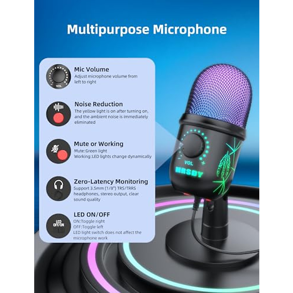 MRSDY USB Microphone, Plug and Play Gaming Mic for PC, Mac, PS4/5, Podcast Microphone with RGB, Mute, Monitor, Noise Reduction, Volume Gain, Great for Recording, Streaming