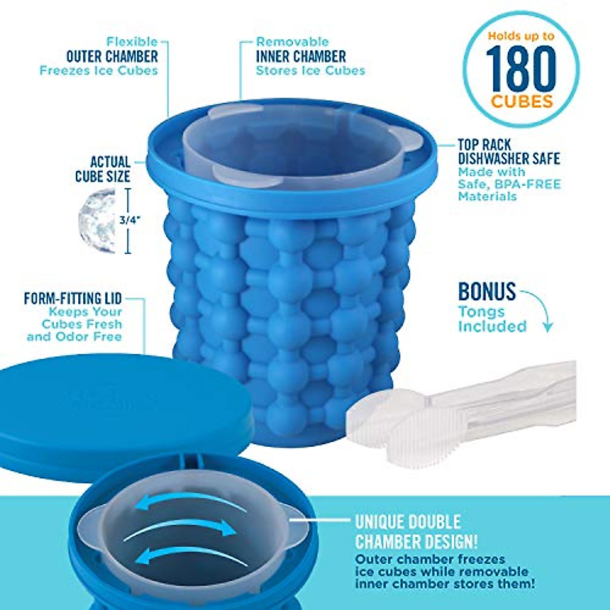 Ice Genie Deluxe The Original Ice Cube Maker| Holds Up to 180 Ice Cubes | Silicon Bucket | Perfect for Indoor/Outdoor Use | Bottled Beverage Cooler | Dishwasher Safe & Bpa-Free | Ice Tongs Included