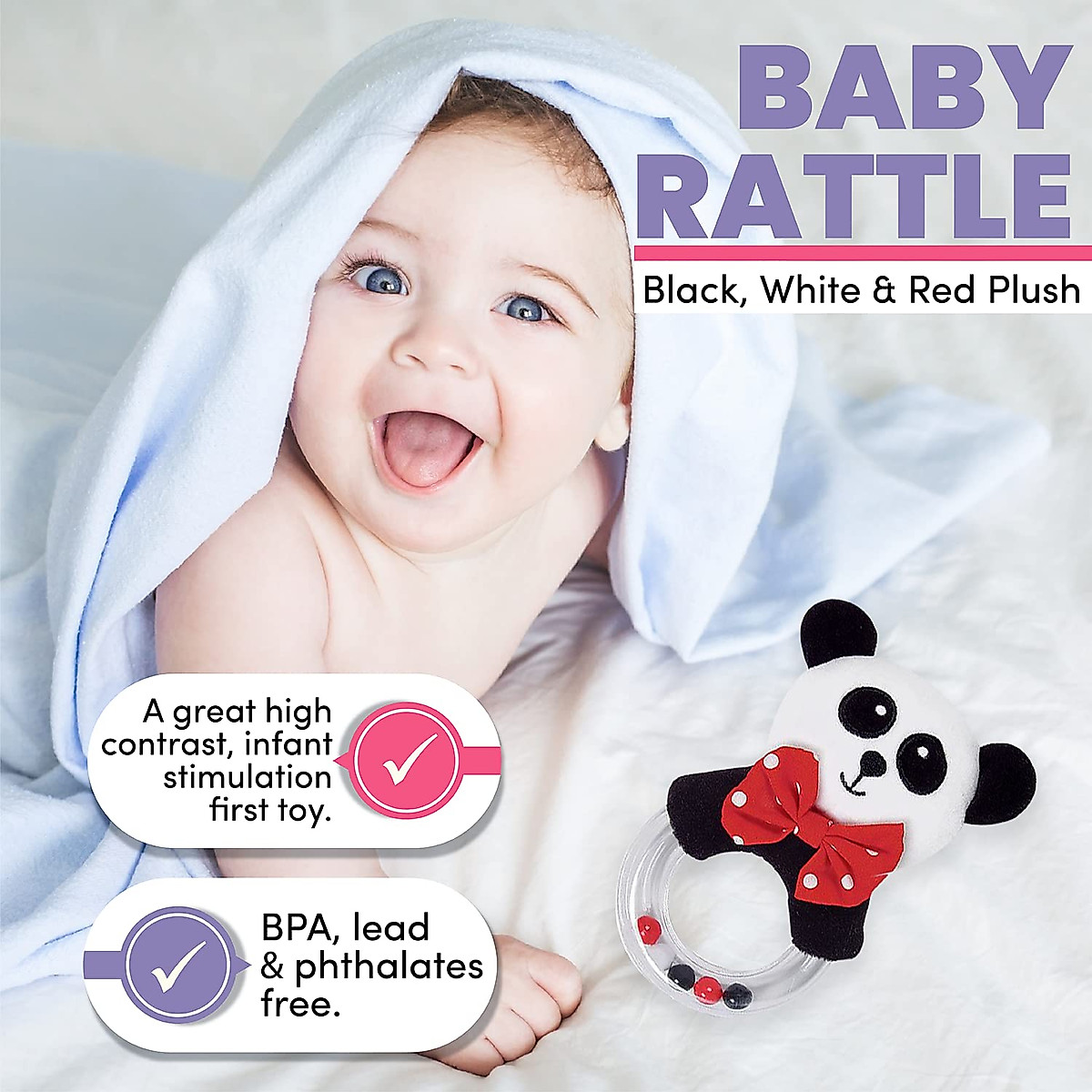 Baby Rattle in High-Contrast Black, White, Red - 5" Tall - Baby Rattle with Cute Panda Face - Perfect Size for Small Hands - Teach Baby to Grasp and Shake by Genius Baby Toys