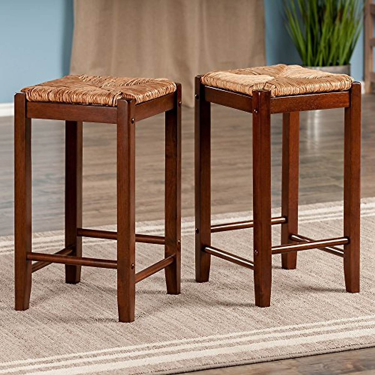Winsome 2 Piece Bar Stools Rush Seat Kaden Set, Walnut