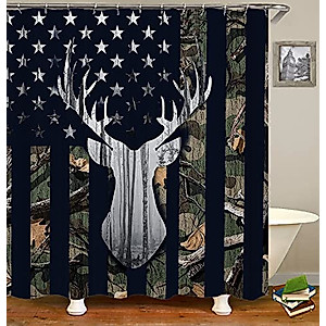 OLEBETY 4PCS/Set Camo Shower Curtain, Man Cave White Black American Flag Woodland Elk Moose Bear Wildlife Animal Hunting Rustic Cabin Bathroom Decor Non-slip Bath Rugs Gifts for Men Hunters, Deer Head