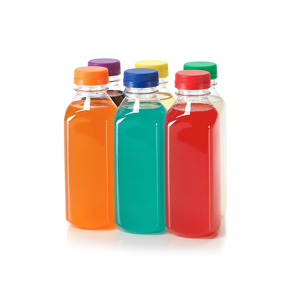(6) 16 oz. Clear Food Grade Square Plastic Juice Bottles with Tamper Evident Caps 6/pack (Mixed Lids)