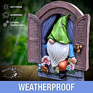 Hazel & Birch Outdoor Garden Gnome Out The Door Tree Hugger - Decoration - Large Statues for Yard, Lawn, Patio, Porch - Hand Painted, Window Gnome Figurine (Out The Door Bumblebee Gnome)