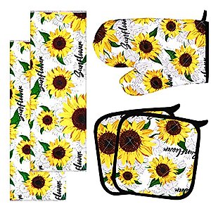 RUODON 5 Pack Yellow Sunflower Dish Towels Oven Mitts and Potholders Gloves-Oven Mitts Sunflower Dish Cloths Linen Set for Home Cleaning Daily Kitchen