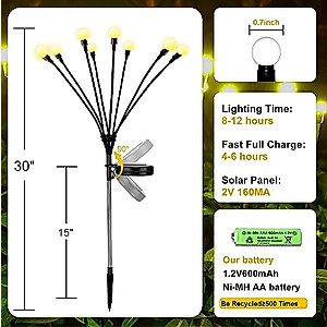 4 Pack Solar Firefly Garden Lights with Seperator, HXWEIYE 8LED Swaying Solar Lights Warm White with 2 Lighting Modes, Sway at Breeze. Waterproof Solar Outdoor Lights for Outside,Patio,Yard,Xmas