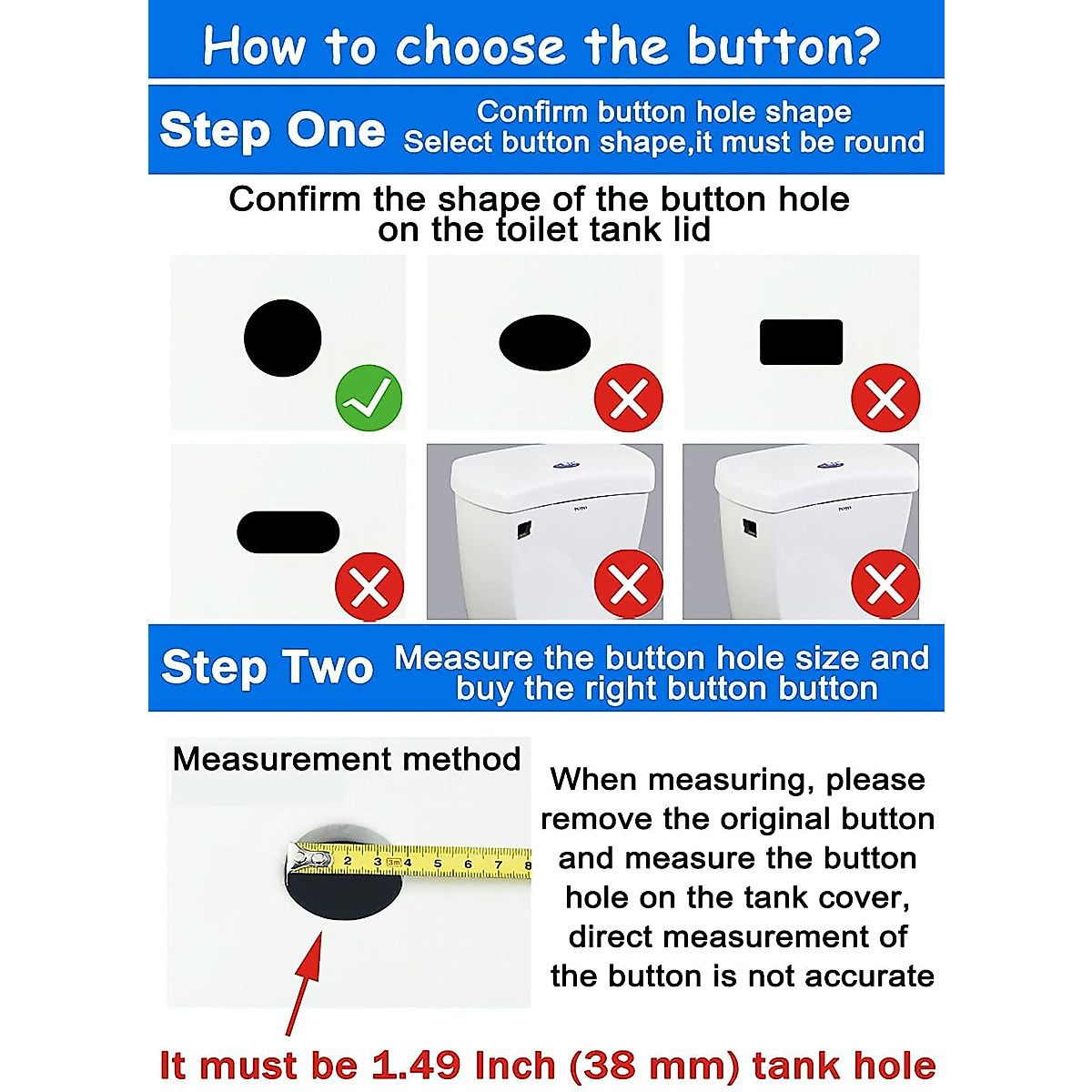 Toilet Tank Button Dual Push Flushing Toilet Button Replacement Toilet Flush Button with Thread 38mm / 1.49Inch Round (Pack of 2)