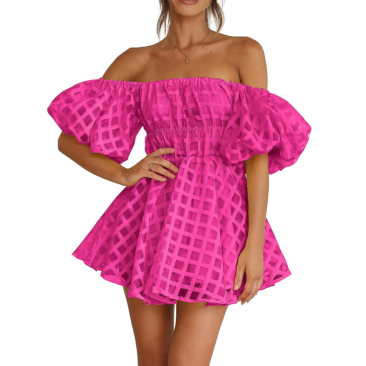 PRETTYGARDEN Women's Off The Shoulder Babydoll Dress Short Puff Sleeve Casual A Line Ruffle Summer Dresses (Plaid Rose Red,Medium)