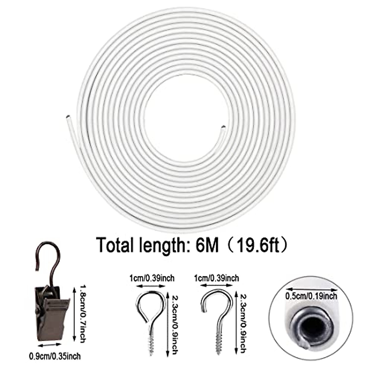 White Curtain Wire 6 Meter Wall Decor Picture Hanging Kit with 10 Curtain Clips 10 Pairs of Screw Eyes and Hooks for Net Curtain Rods