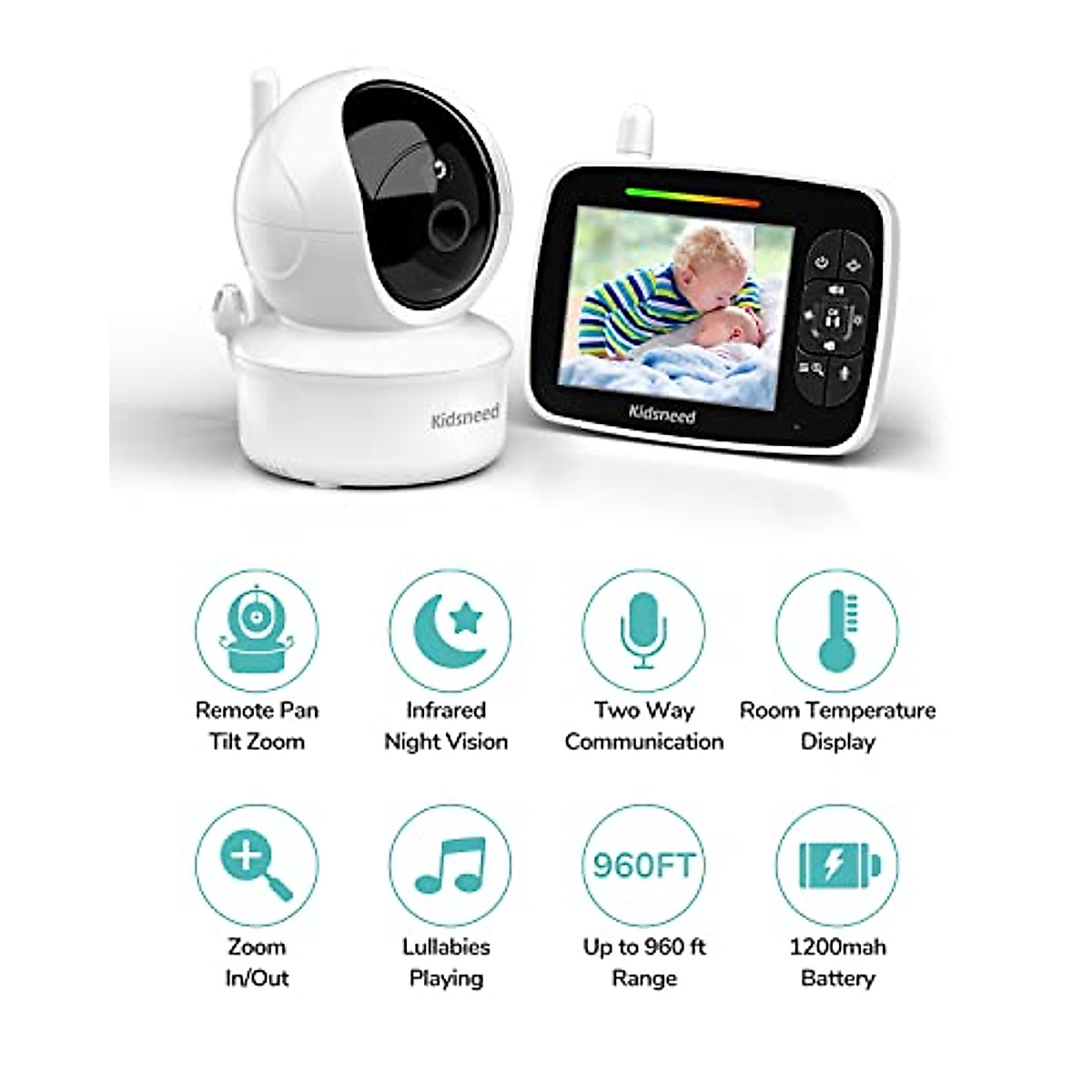 Kidsneed Baby Monitor - 3.5 Inch Video Baby Monitor with Remote Control Pan& Tilt &Zoom Camera, Two-Way Audio, Night Vision, Temperature Monitoring, Lullabies, 960ft Long Range