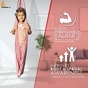 AMMUZA Indoor Sensory Swing For Kids & Adults 200lb - Therapy Swing For Autism, ADHD, Aspergers - Indoor Hammock Kids Swing, Calming Relaxing 360° Adjustable Sensory Toys Gifts (Pink & Grey)