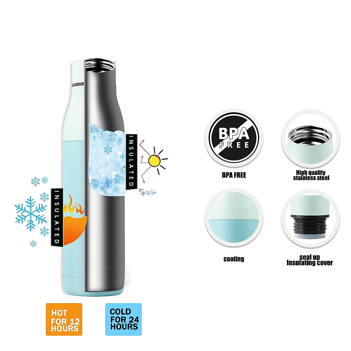 Murmioo sports water bottle, stainless steel vacuum Flask cold for 24 hours, hot for 12 hours, insulated 、BPA Free, suitable for cycling, camping, office 22oz/650ml Blue