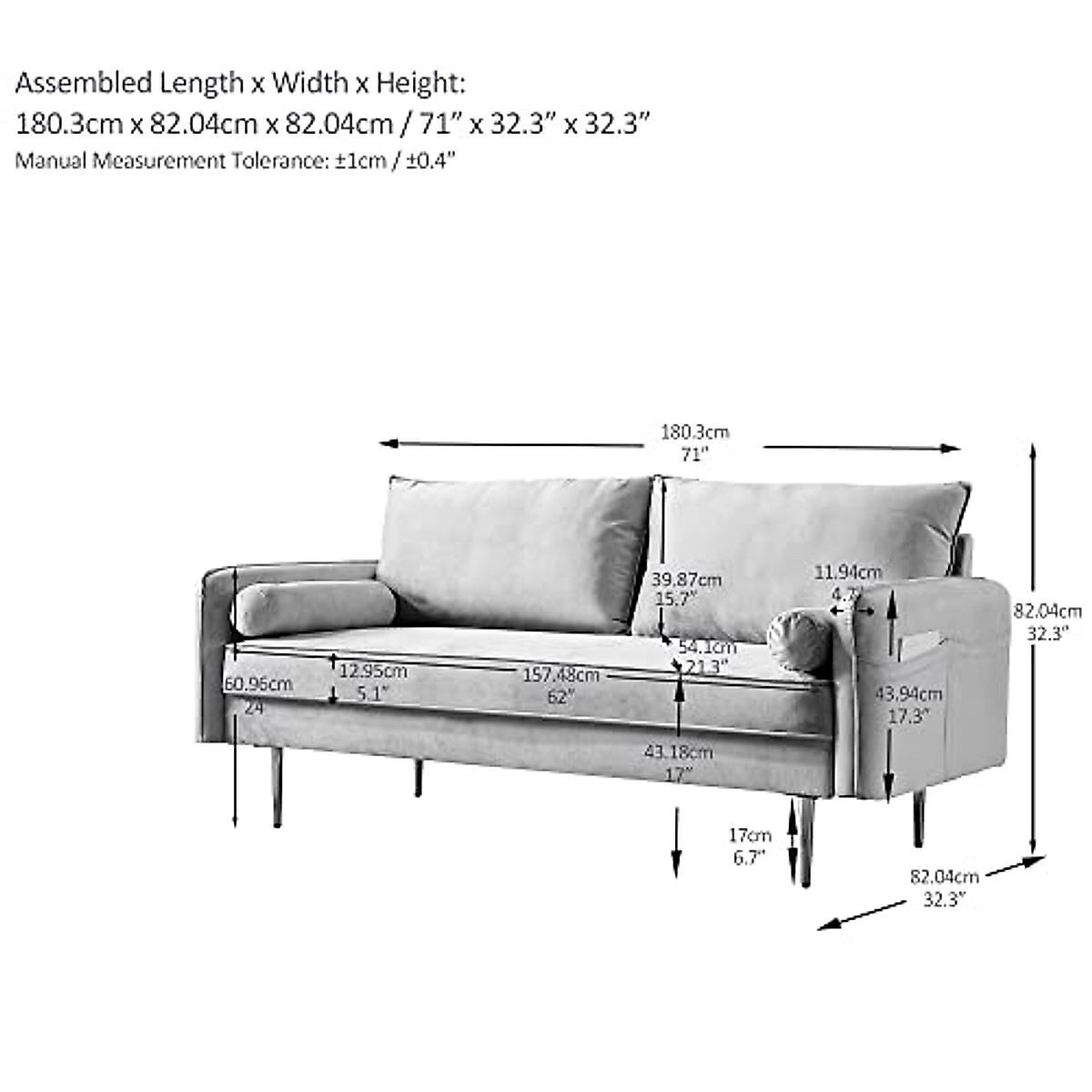 COULDWILL Velvet Small Sofa Mid-Century Modern Loveseat Couch with 2 Waist Pillows and Pockets, 71'' Comfy Sofa for Living Room and Studio, Blue