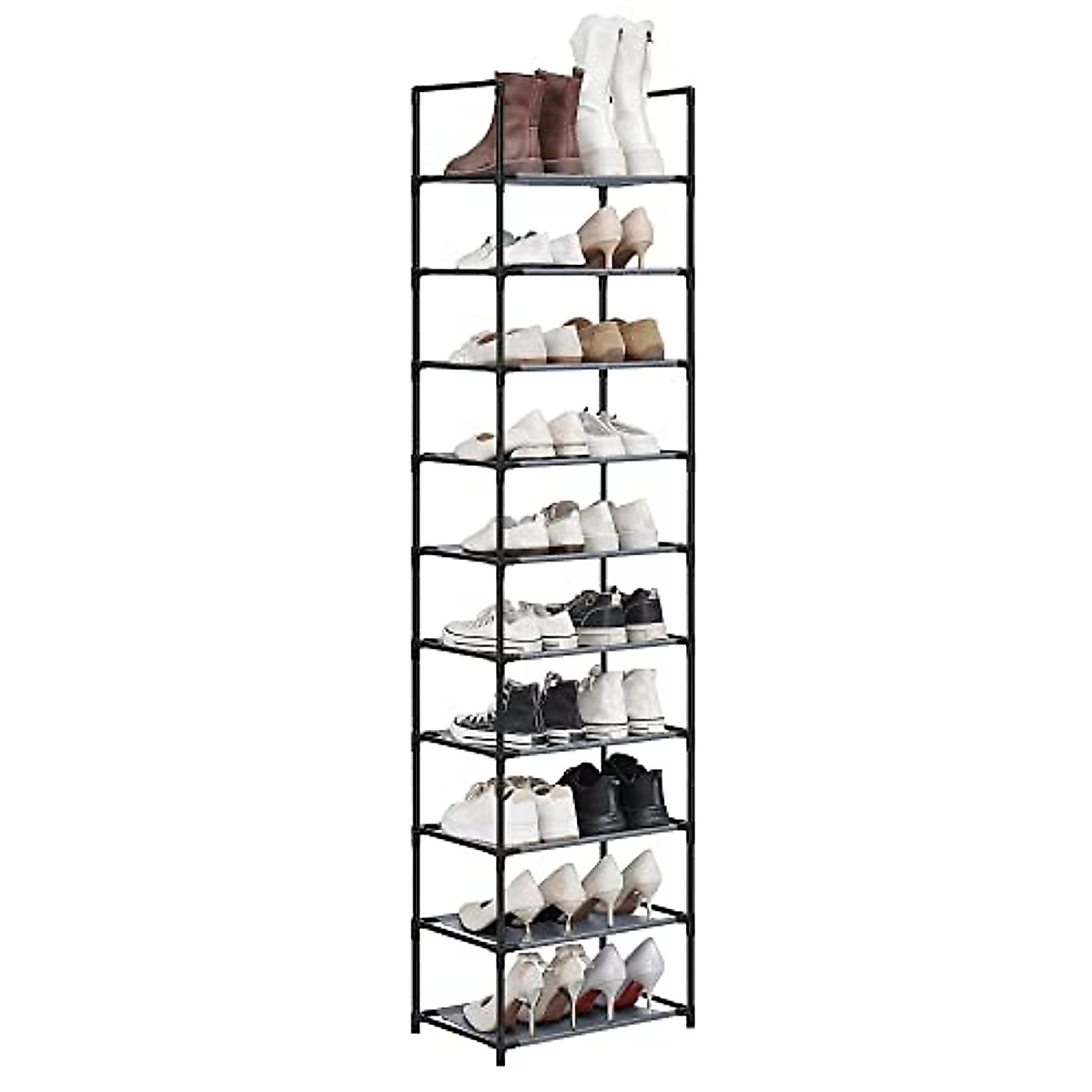 SONGMICS Shoe Rack, 10 Tier Shoe Shelf, Shoe Storage Organizer, Space-Saving, 11 x 17.7 x 68.1 Inches, Metal Frame, Non-Woven Fabric Shelves, for Entryway, Bedroom, Grey ULSH010G01