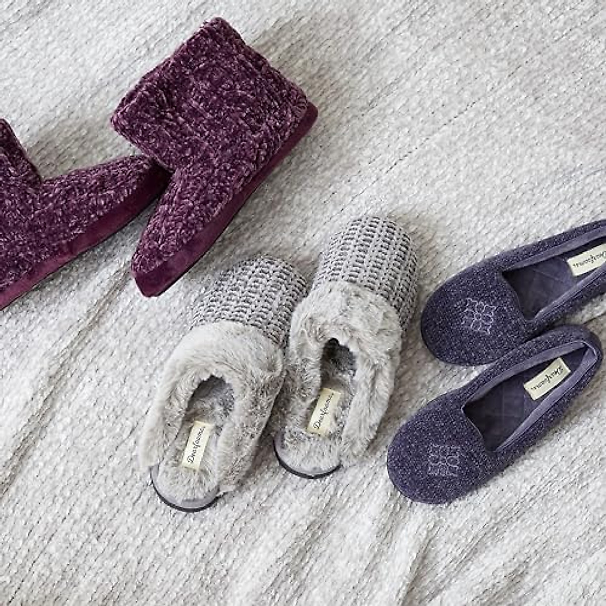 Dearfoams Women's Claire Marled Cable Knit Chenille Clog Slipper, Sleet, Medium Wide