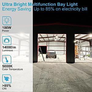 Lightdot 4Pack 100W LED High Bay Light with 3 Adjustable Panels, 5000K 14000LM Super Bright Shop Lights, LED Commercial Bay Lighting with 5ft UL Cable Plug for Barn/Warehouse/Workshop