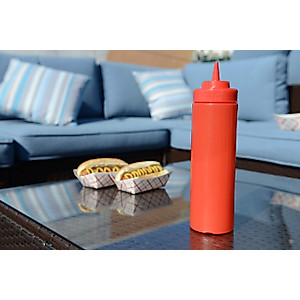 [6 PACK] 24 Oz Red Plastic Condiment Squeeze Bottles Squirt Bottle for Sauces, Dressing, Arts and Crafts, Ketchup, Mustard, Oil, BBQ - Clear Reusable Plastic Containers, BPA Free, Dishwasher Safe