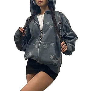 Sunwittafy Women's Aesthetic Zip Up Hoodie Y2k Long Sleeve Oversized Hooded Sweatshirt Fashion Jacket Vintage Streetwear