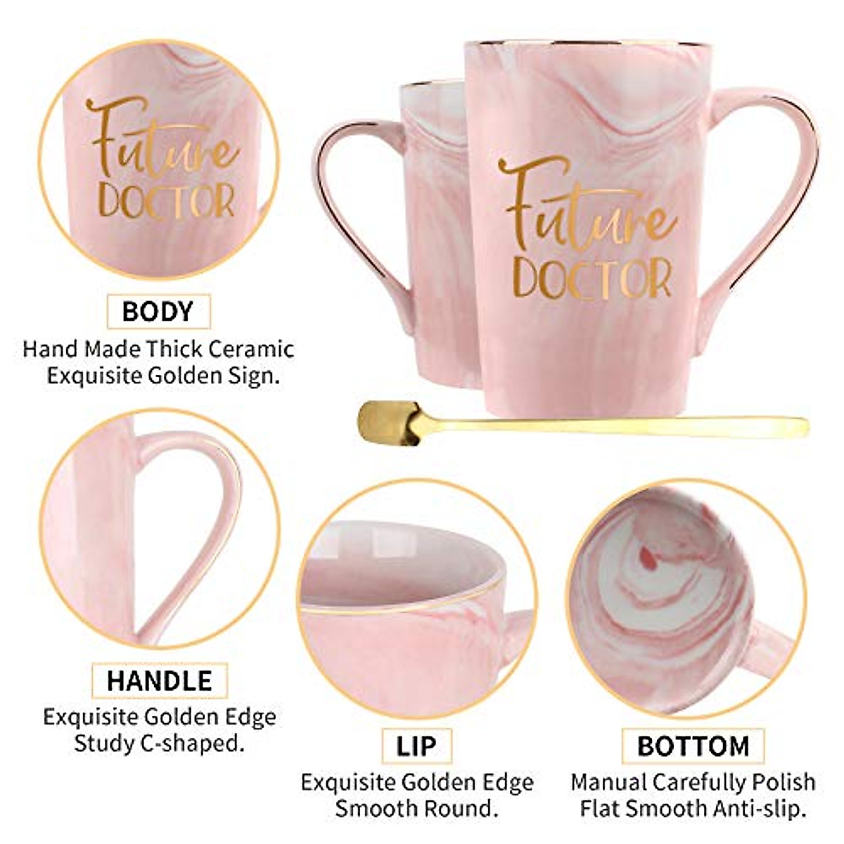 WHATCHA Future Doctor Coffee Mug Tea Cup - Medical School Student Doctor to Be Graduation Gifts for Her Women - 14oz Gold Pink Ceramic