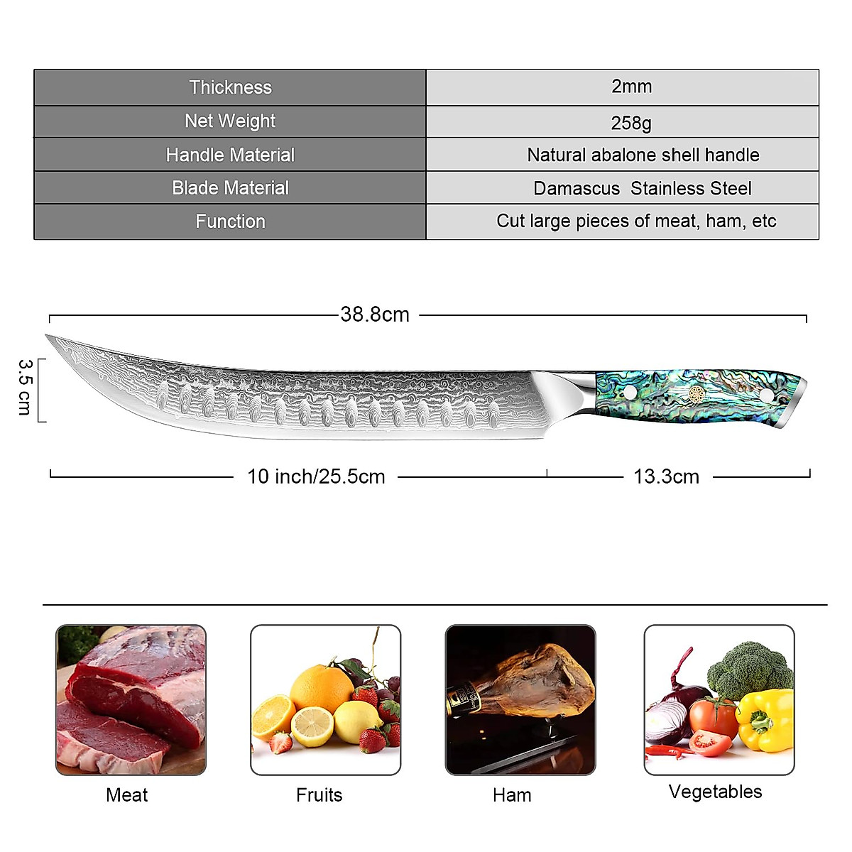 XT XITUO Butcher Knife – 10″ Cimitar & Breaking Knife Knife – Japanese VG-10 Damascus Steel – Full Tang & Razor Sharp – Ergonomic Abalone Shell Handle Design -Dazzling Series