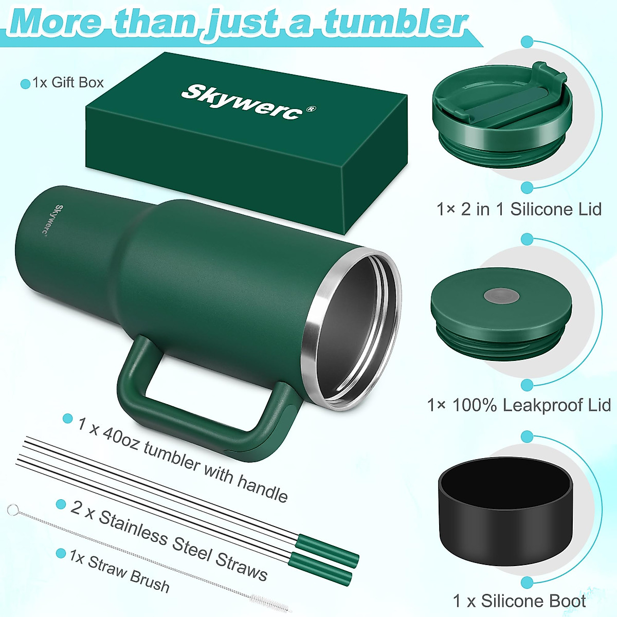 40 oz Tumbler with Handle and Straw, 2 Lids (2 in 1 & LeakProof Lid) - Vacuum Insulated Stainless Steel Double Wall Water Bottle Travel Coffee Mug - Holiday Gifts for Women Men - Dark green