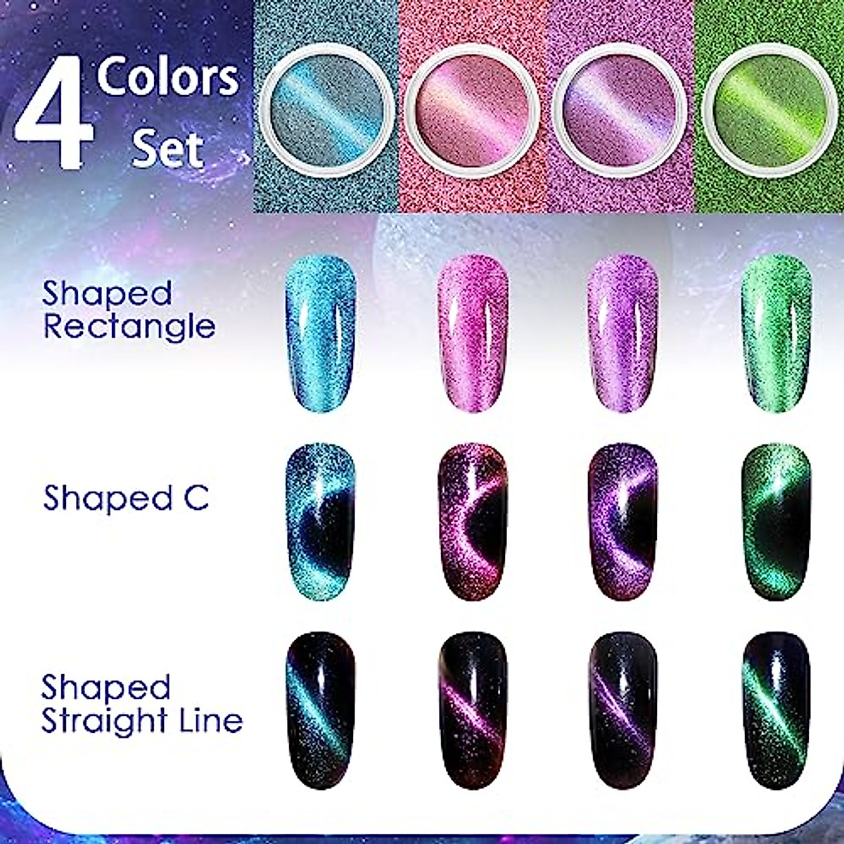 Allstarry Cat Eye Chrome Powder 4 Colors 3D Magnetic Aurora Nail Powder Metallic Pigment Galaxy Effect Glitter Resin Pigment with Magnet Pen for Nail Art Manicure Gel Polish