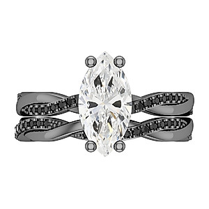 Dazzlingrock Collection 12X6 mm Lab Created Marquise White Sapphire & Round Black Diamond Bridal Ring Set in Black Plated Sterling Silver, Size 8.5