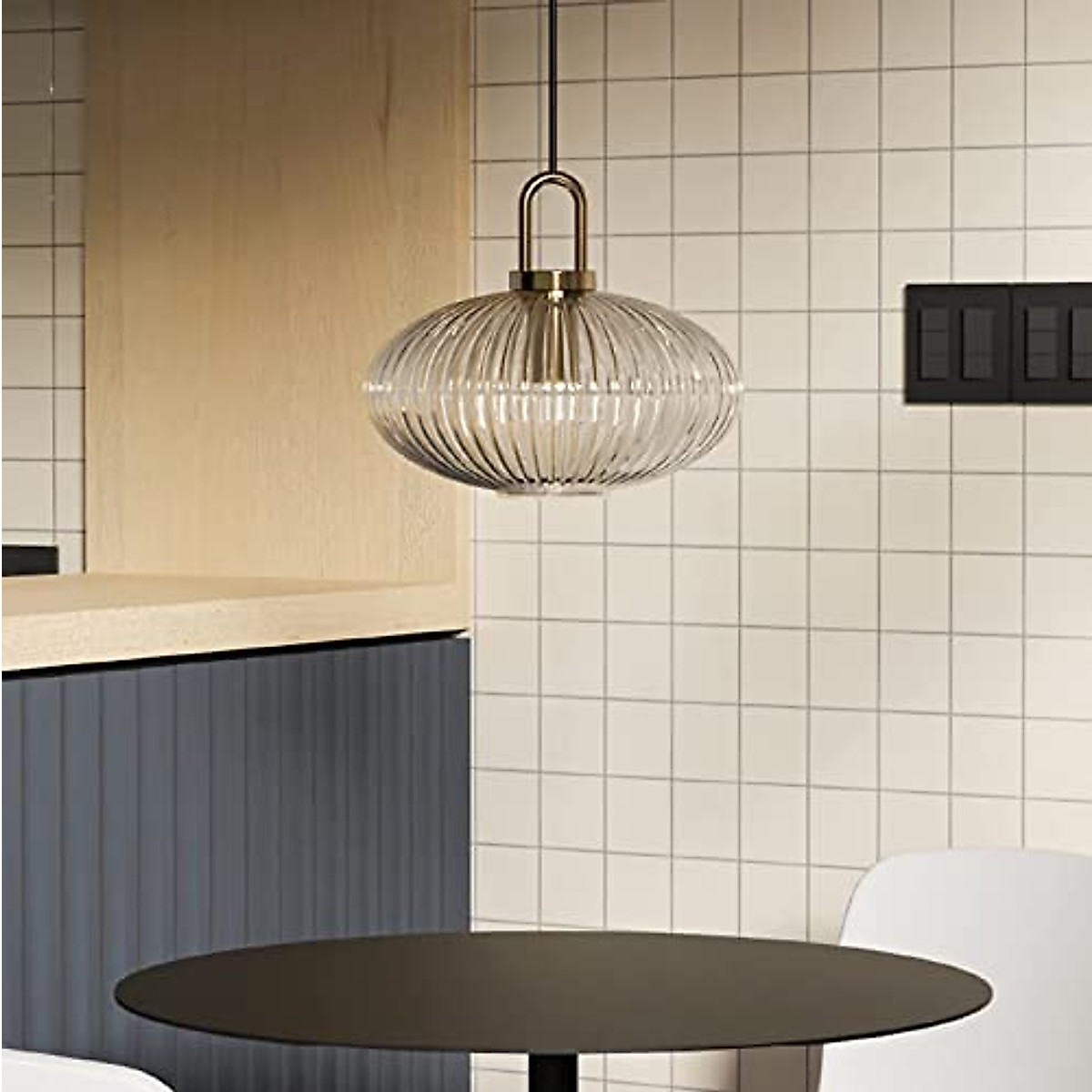 Debbte Industrial Vintage Pendant Lighting with Ribbed Glass Lamp Shade and Bronze Finish, Modern Retro Ceiling Light Hanging Lamp for Bedside Dining Table Kitchen Island (Transparent, 11.8")