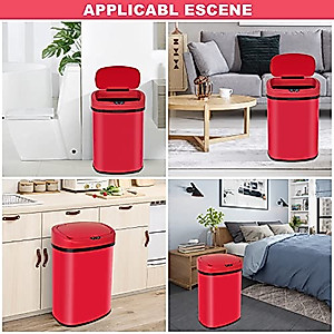 13 Gallon 50 Liter kitchen Trash Can with Touch-Free & Motion Sensor, Automatic Stainless-Steel Garbage Can, Anti-fingerprint Mute Designed Trash Bin Touchless Trash Can for Office Bedroom, Red