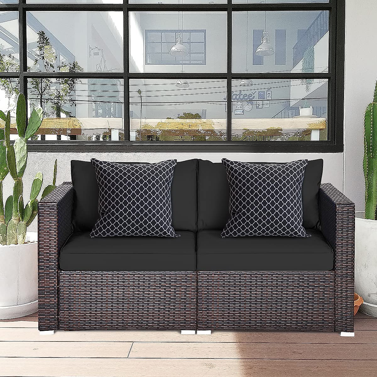 HAPPYGRILL 2 Pieces Patio Sofa Set Rattan Wicker Corner Sofa Set with Zippered Cushions for Backyard Balcony Porch Garden Poolside