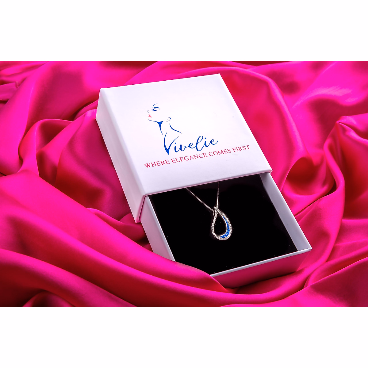 Vivelie Birthstone Necklace for Women Birthstone Jewelry - Platinum Plated Sterling Silver Teardrop Necklace Gift for Her (September - Sapphire blue)