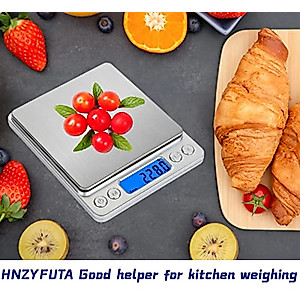 HNZYFUTA Digital Food Gram Scale Mini Pocket Scale for Food Ounces and Grams,Baking,Cooking,Kitchen and Small Items,Tare Function,2Trays,LCD Display (Batteries Included) Silvery