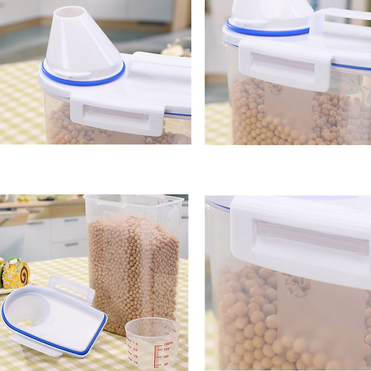 Rice Storage Container 2kg Dry Food Airtight Cereal Container with Measuring Cup Lid, BPA-Free Plastic Transparent Bulk Grain Dispenser Box for Oatmeal, Flour, Nuts