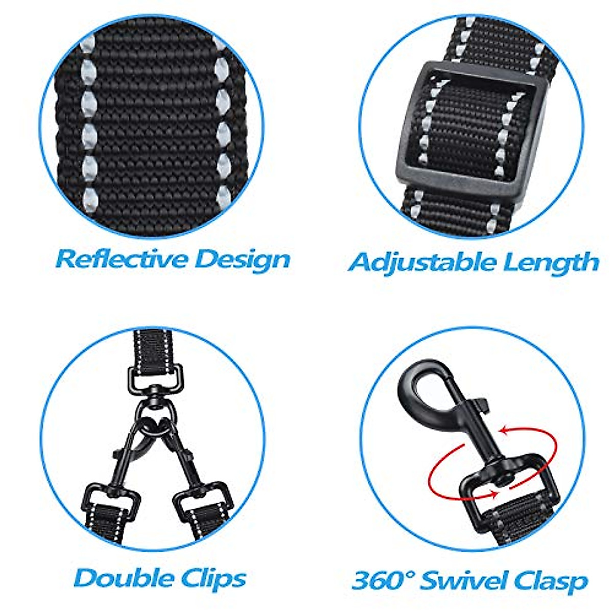 PetBonus Double Dog Leash, No Tangle Dual Dog Leash, Reflective Walking Training Leash, 4 Comfortable Padded Handles for 2 Dogs with Collapsible Bowl and Waste Bags (Black, Large)