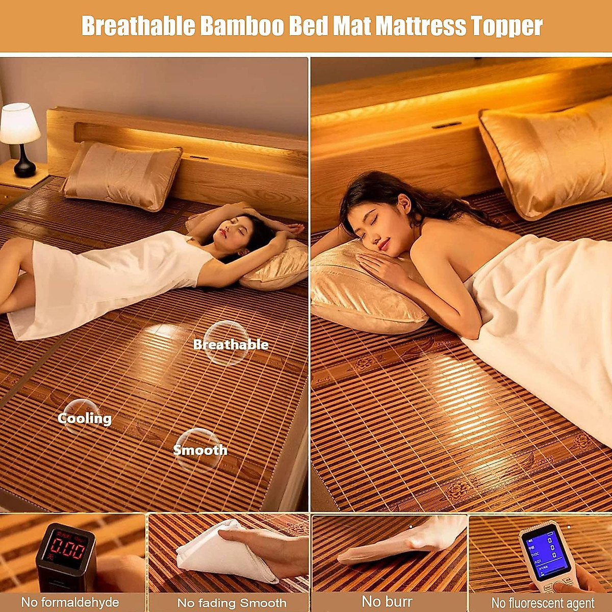 SUZEPER Foldable Summer Sleeping Mat,Double-Sided Bamboo Cooling Mattress Topper,Smooth Breathable Bed Mat Ice Silk Floor Mat for Single Double Bed Bedroom(100x190cm(39x75inch), A)