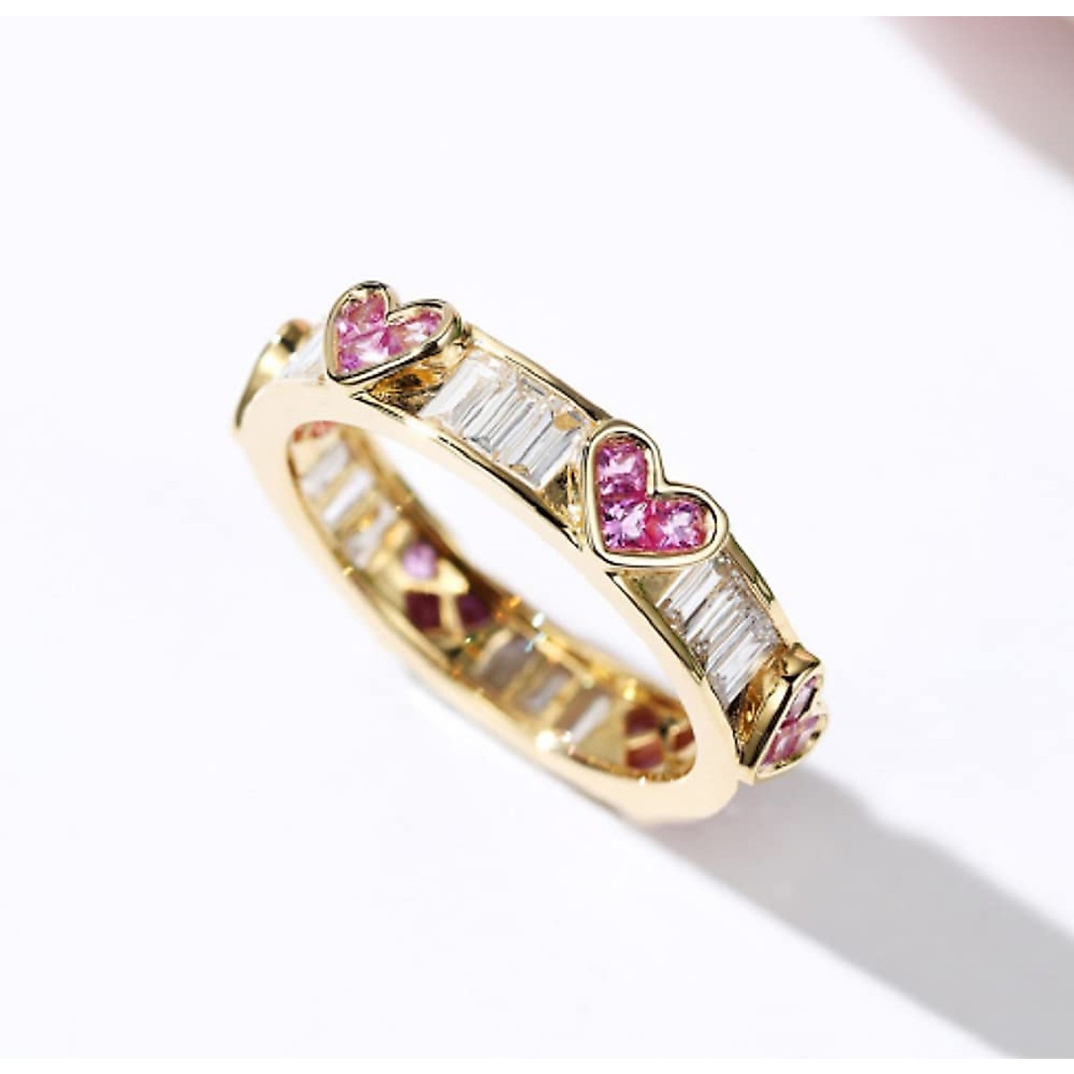 HUKQBUNX 18K Gold Peach Heart Wreath Ring Amethyst CZ Square Crystal Zircon Diamond Ring Women's Precious Fashion Wedding Engagement Couple Ring Size 6-10 (Size 7)