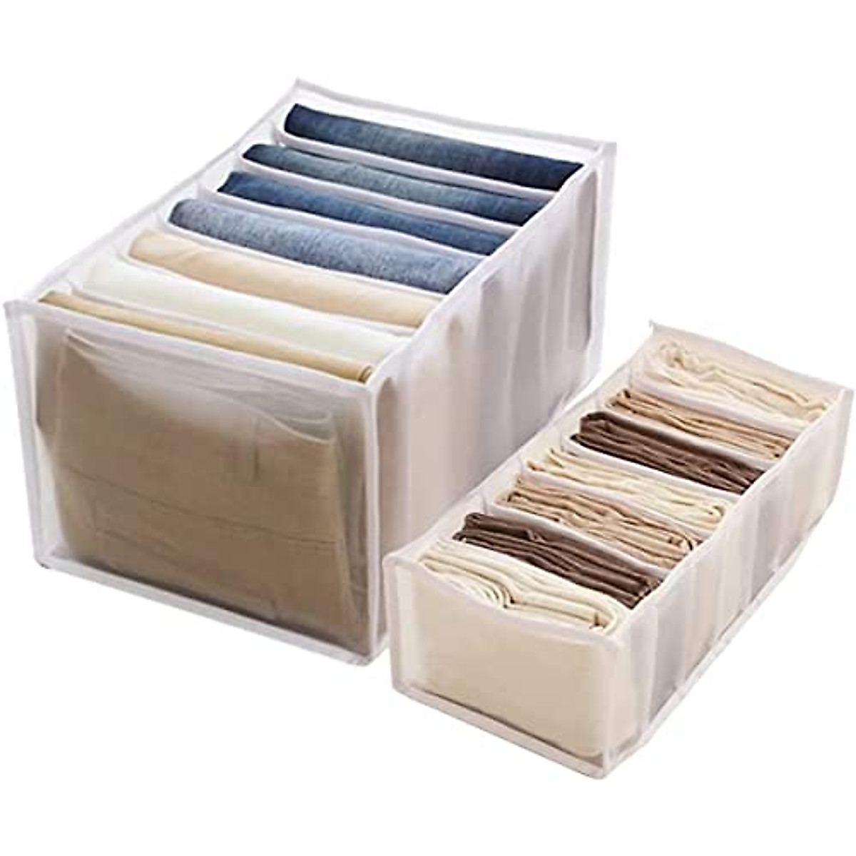 MBVBN Drawer Organizers for Clothing Wardrobe Clothes Organizer, 7 Grids Jeans Compartment Storage Box Foldable Closet Organizer Mesh Separation (White, Medium+Large)