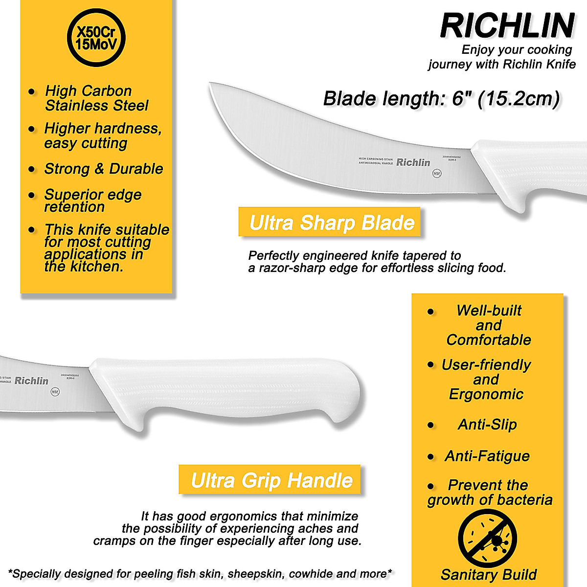 Richlin Skinning Knife,6-Inch Chef Knife Skinning Butcher Knife,Ultra Sharp Kitchen Knife Made of High Carbon Stainless Steel(White)
