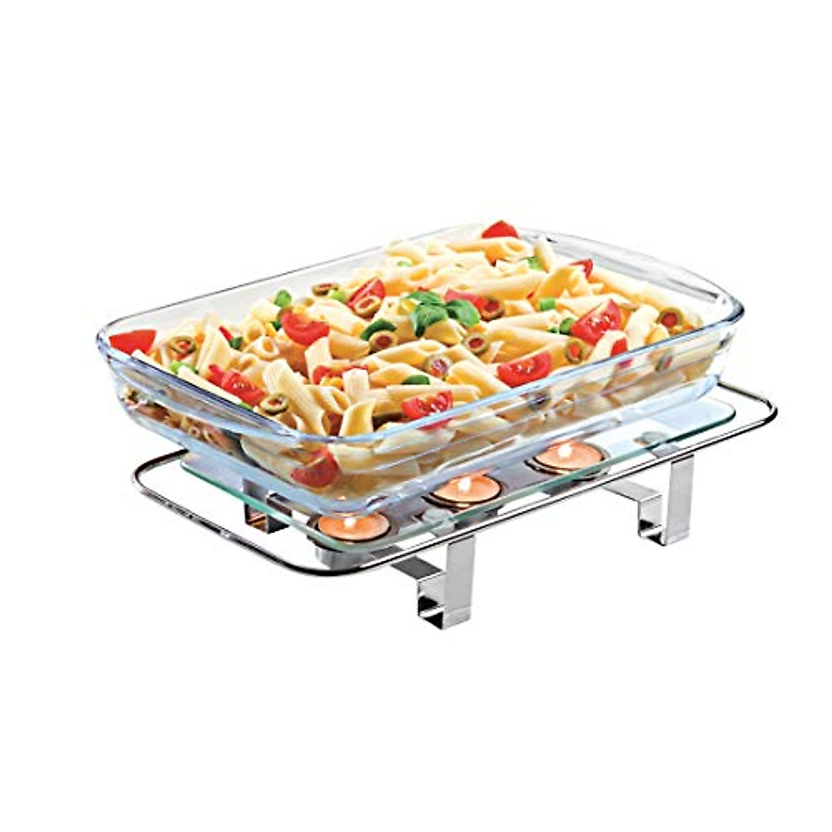 NewlineNY Chrome Plated Glass Dish Warmer, Rectangular Glass-Top 3 Holes Tea Light Votive Candle Gourmet Food Warmer