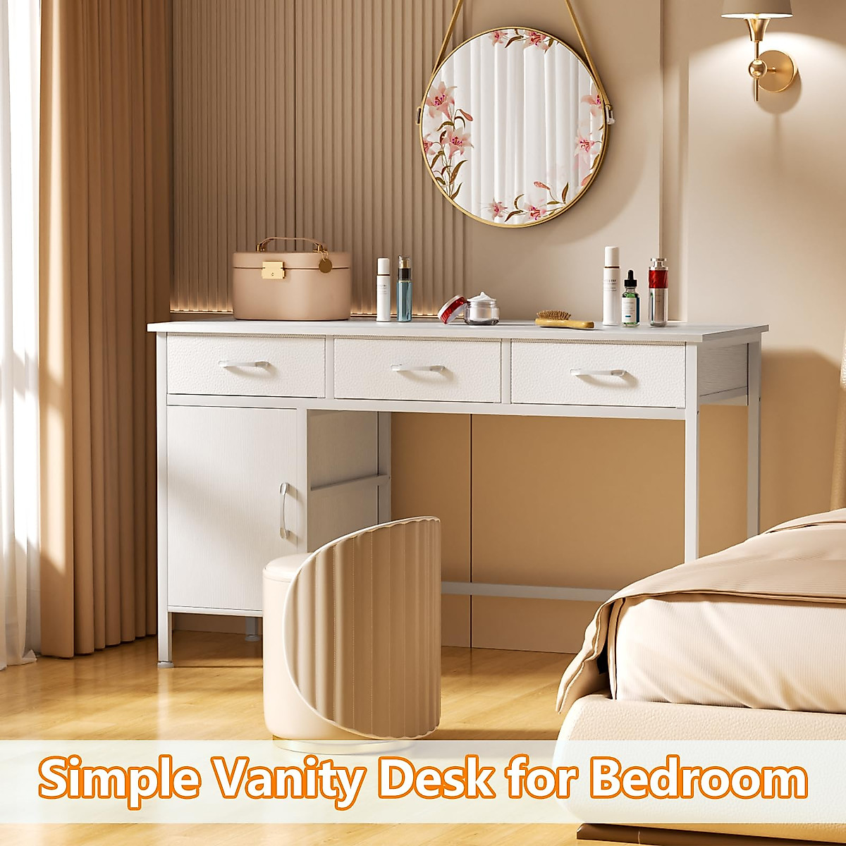 Korfile White Desk with Storage Cabinet and 3 Fabric Drawers, 39 Inch Home Office Desk for Writing Study Gaming, Small Computer Table with Storage Space, Modern Vanity Desk for Bedroom