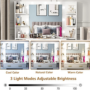 PAKASEPT Vanity Set with Lighted Mirror, 43'' Makeup Vanity with Charging Station, Vanity Desk with 9PCS LED Bulb, Storage Shelves, 7 Drawers for Bedroom(No Stool)