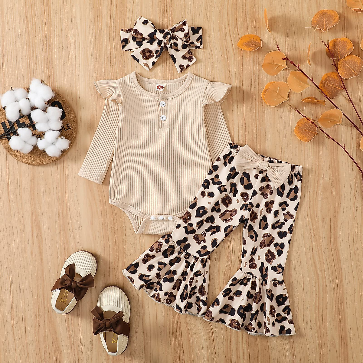 Newborn Baby Girl Clothes Set Ribbed Long Sleeve Ruffle Romper Bell-Bottom Pants Headband Set 3Pcs Fall Winter Outfits (A-Beige, 6-9 Months)